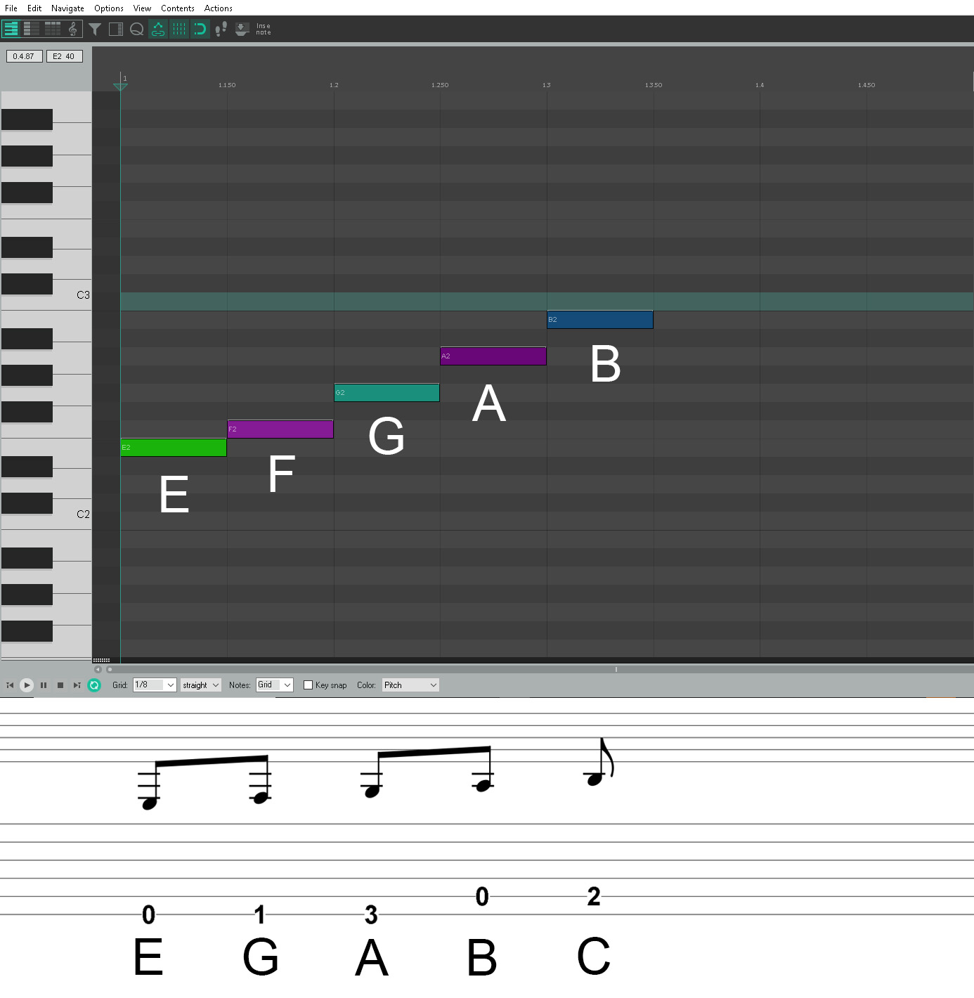 Reaper Piano Roll: E2-B2 Guitar as reference - Low Notes - Untidy Music