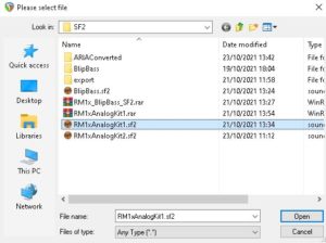 This popup screen is where we can find our saved soundfont files ...